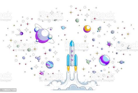로켓은 환상적인 행성 별 및 기타 요소로 둘러싸인 발견되지 않은 은하를 탐험하기 위해 우주로 시작합니다 우주 우주 과학을 발견하십시오 얇은 선 3d 벡터 그림 과학에 대한