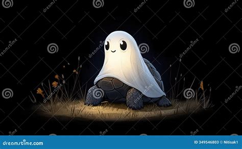 Cute Turtle With A Ghost Costume Sitting In A Grassy Field Stock Illustration Illustration Of