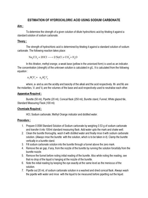 Estimation Of Hcl Pdf Titration Chemistry