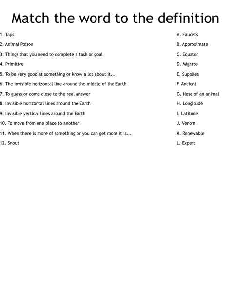 Match The Word To The Definition Worksheet Wordmint