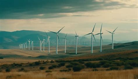Wind Turbines Turning In A Row Sustainable Growth Generated By Ai Stock Illustration