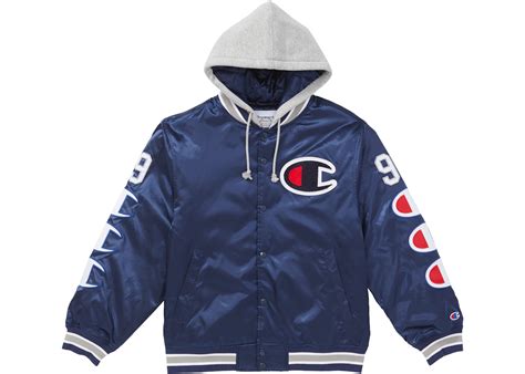 Supreme Champion Hooded Satin Varsity Jacket Navy Mens Fw18 Us