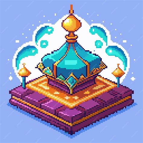 Pixel Art Fantasy Pavilion With Glowing Blue Orbs And Golden Spire On Purple Base Premium Ai