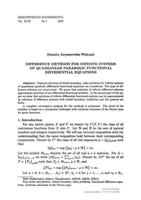 Pdf Difference Methods For Infinite Systems Of Quasilinear Parabolic