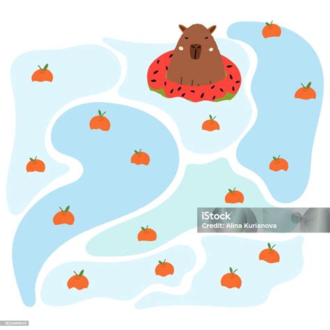 플랫 스타일의 수영장에서 귀여운 카피바라 엽서 아동복에 대 한 Capybara의 벡터 일러스트 레이 션 귀여운에 대한 스톡 벡터 아트 및 기타 이미지 Istock