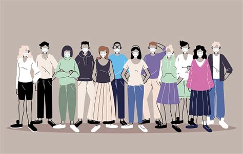 코로나바이러스로부터 보호받는 여성 및 남성 보호 의료용 얼굴 마스크를 착용한 사람들의 그룹 바이러스에 대한 스톡 벡터 아트 및