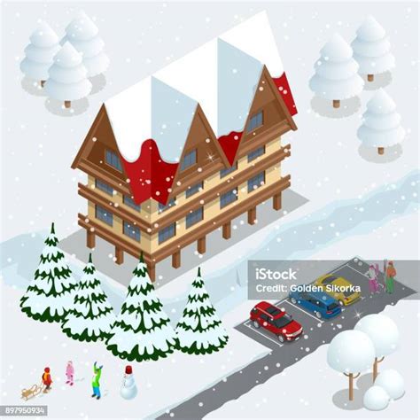 스키장 슬로프 스키 리프트에 사람들 흰 눈 소나무와 호텔 피스트에 스키어 겨울 휴가 웹 배너 디자인 벡터 분해 그림입니다 등측투영법에 대한 스톡 벡터 아트 및 기타 이미지