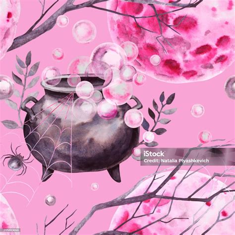 할로윈에 대 한 완벽 한 패턴입니다 수채화로 손으로 그렸습니다 마법의 안식일의 속성 물약이 든 가마솥 거미줄에 걸린 거미 보름달 나뭇가지 포장지 직물의 배경 가마솥에 대한