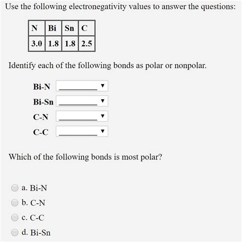 Solved Use The Following Electronegativity Values To Answer