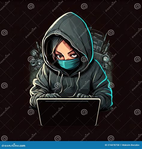 cute girl hacker with laptop avatar in cartoon style black backdrop stock illustration