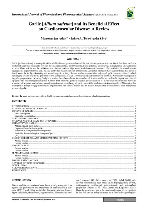 Garlic Allium Sativum And Its Beneficial Effect On Cardiovascular