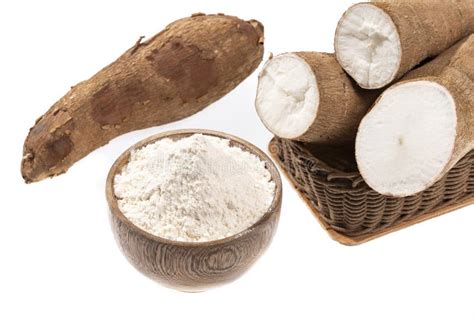 Raw Cassava Tuber And Starch Manihot Esculenta On White Background