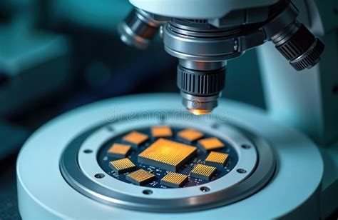 Close Up View Of Microchip Transistor Samples Under Microscope Tech Equipment For Testing