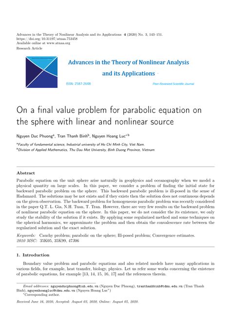 Pdf On A Final Value Problem For Parabolic Equation On The Sphere With Linear And Nonlinear Source