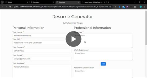 Javascript Html Css Webdevelopment Resumegenerator Codingjourney Muhammad Waqas