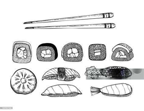 손으로 그린 벡터 그림 아시아 음식 새우 연어 야채를 곁들인 초밥 롤 생선회 가사 등 다양한 종류의 초밥 중국 젓가락 카페 레스토랑을 위한 메뉴 및 전단지에 적합합니다 라인