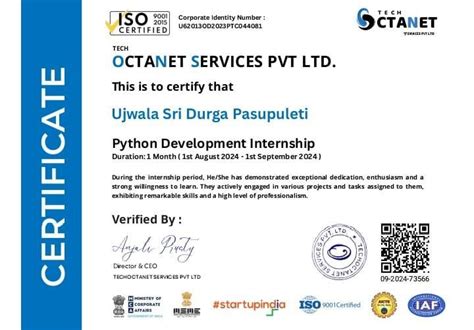 Ujwala Sri Durga Pasupuleti On Linkedin Octanet Pythondevelopment Internship Success