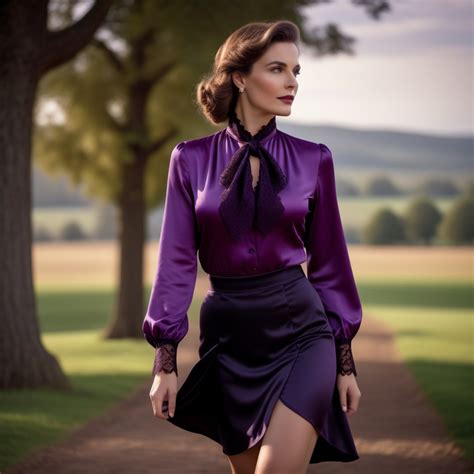 Purple Satin Blouse And Black Wool Skirt Outfit Stable Diffusion Online