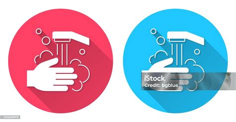 비누와 물로 손 씻기 빨간색 또는 파란색 배경에 긴 그림자가 있는 둥근 아이콘 아이콘에 대한 스톡 벡터 아트 및 기타 이미지 아이콘 손 씻기 깨끗한 Istock