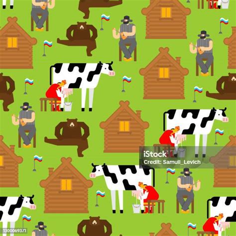 진짜 러시아 패턴 원활한 러시아어 마을 배경 여자는 젖소를 우유 남자는 발라라이카를 연기한다 곰이 춤을 추고 있다 곰에 대한 스톡 벡터 아트 및 기타 이미지 Istock