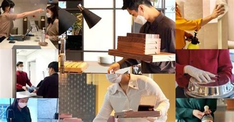 운동화 신고 다양한 유니폼 착용호텔 직원 맞아