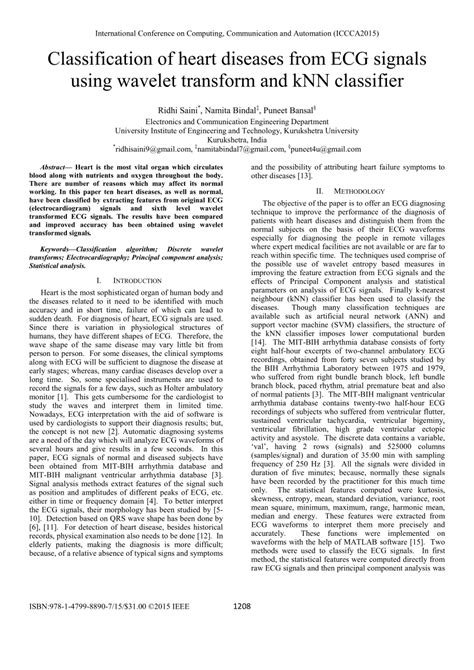 Pdf Classification Of Heart Diseases From Ecg Signals Using Wavelet Transform And Knn Classifier