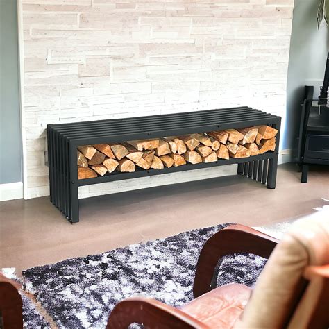 Kaminholzregal Innen Mit Sitzbank Metall Schwarz 150 Cm Dandibo