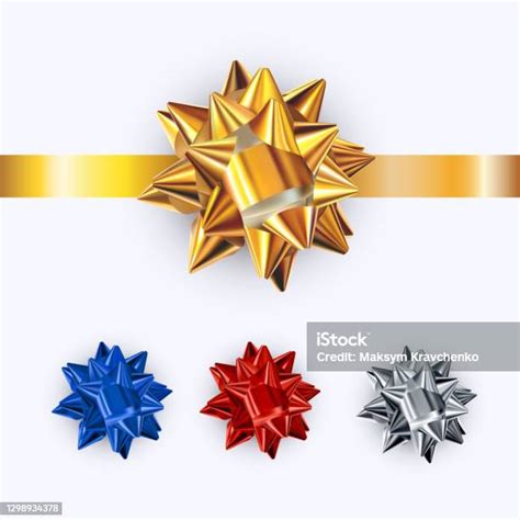 흰색 배경에 격리 된 사실적인 빛나는 벡터 활 세트 카드 프리젠 테이션 발렌타인 데이 크리스마스 와 생일 일러스트를위한 황금 실버 빨간색 파란색 선물 활 개체 그룹에 대한