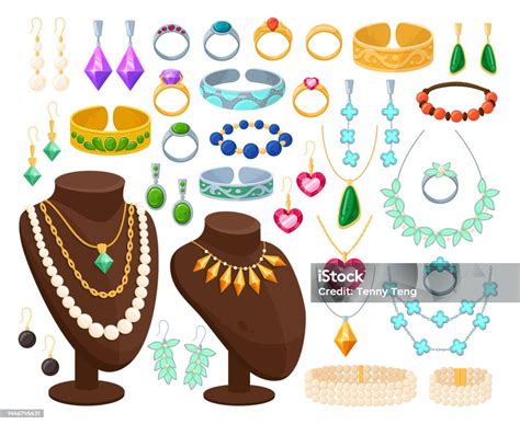 만화 금과 은 보석 귀중한 다이아몬드 목걸이 황금 귀걸이 진주 펜던트 보석 반지 브로치와 팔찌 평면 벡터 일러스트 세트 매력적인 보석 액세서리 보석 개인 장식품에 대한 스톡
