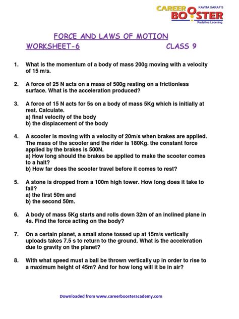 Force And Laws Of Motion Worksheet 6 Class 9 Pdf Weight Mass