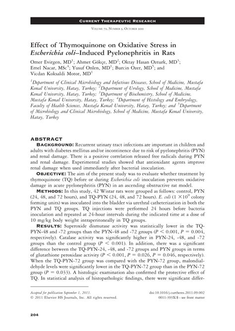Pdf Effect Of Thymoquinone On Oxidative Stress In Escherichia Coli Induced Pyelonephritis In Rats