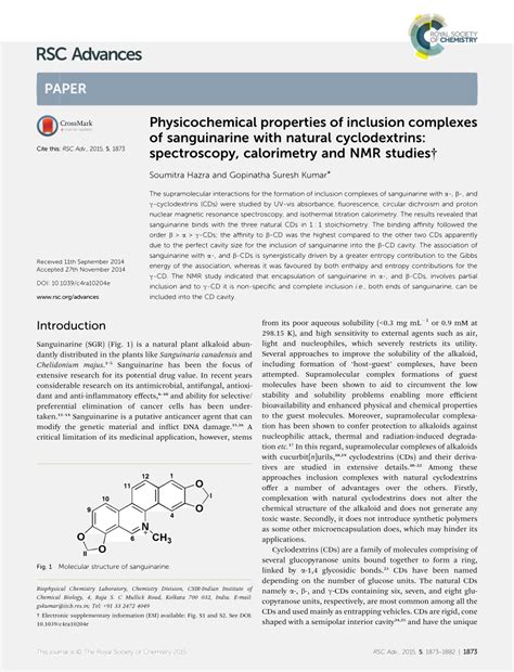 Pdf Physicochemical Properties Of Inclusion Complexes Of Sanguinarine With Natural