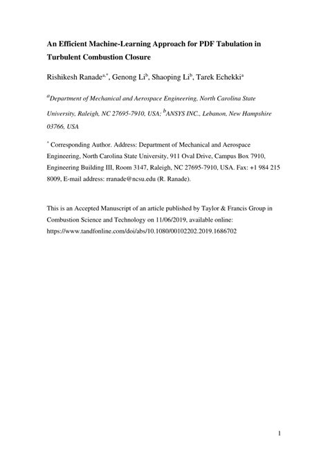 Pdf An Efficient Machine Learning Approach For Pdf Tabulation In Turbulent Combustion Closure