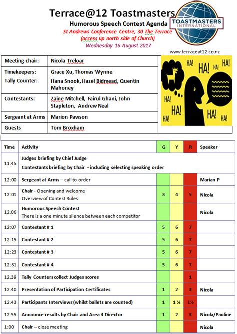 Humorous Speech Contest 16th Aug Terrace 12 Toastmasters