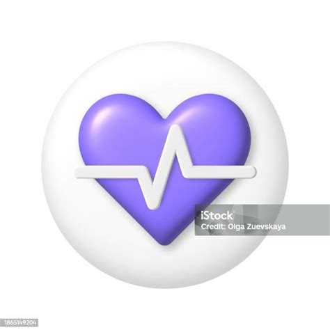 흰색 버튼에 흰색 펄스 라인 아이콘이 있는 보라색 하트 의료 건강 관리 개념 3d 벡터 일러스트 레이 션입니다 3차원 형태에 대한 스톡 벡터 아트 및 기타 이미지 Istock