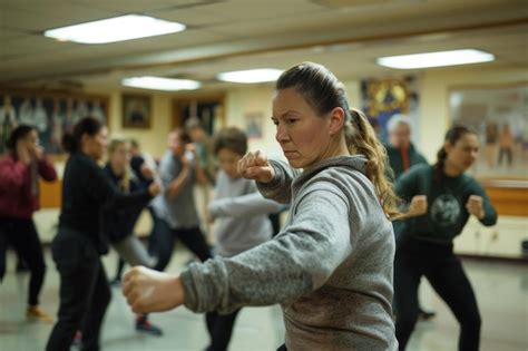 Community Self Defense Class Group Practices Defensive Stances For