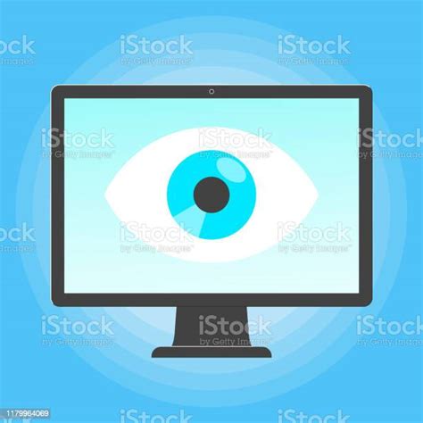 오빠 개념 밝은 파란색 배경 평면 스타일 디자인 벡터 일러스트에 고립 된 Pc 모니터의 화면에 큰 눈으로 스마트 폰 감시 0명에 대한 스톡 벡터 아트 및 기타 이미지