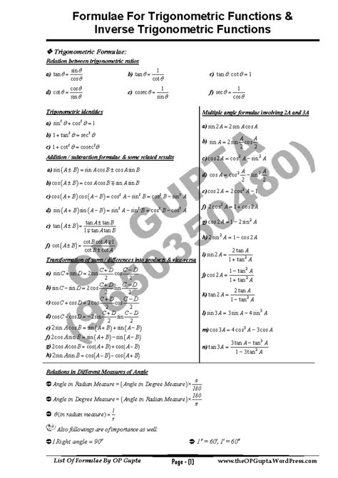 Formula Sheet Itf Formulae For Trigonometric Functions And Inverse Trigonometric Functions Studocu