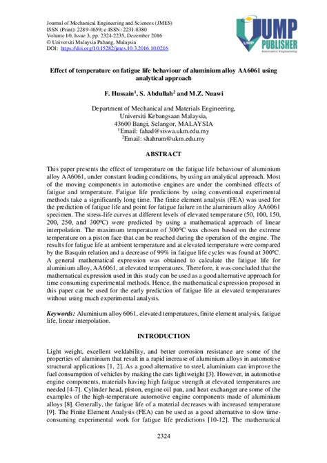 Pdf Effect Of Temperature On Fatigue Life Behaviour Of Aluminium Alloy Aa6061 Using Analytical