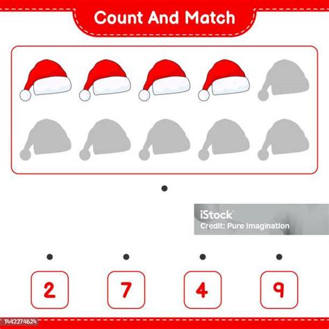 세고 일치시키고 산타 모자의 수를 세고 올바른 숫자와 일치시킵니다 교육 어린이 게임 인쇄 워크시트 벡터 일러스트 레이 션 0명에 대한 스톡 벡터 아트 및 기타 이미지