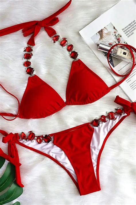 Emily Red Diamante Straps Bikini