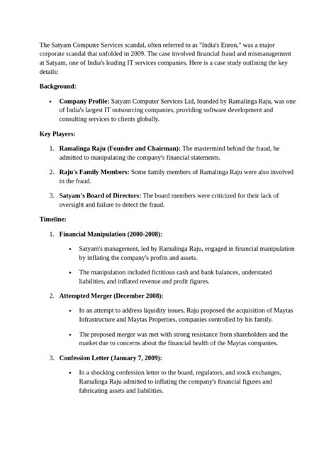 The Satyam Computer Services Cae Study Pdf Corporate Governance Fraud