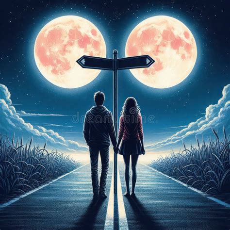 A Couple Under Two Moons At The Crossroads Of Destinies Stock Image