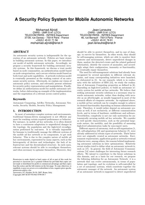 Pdf A Security Policy System For Mobile Autonomic Networks