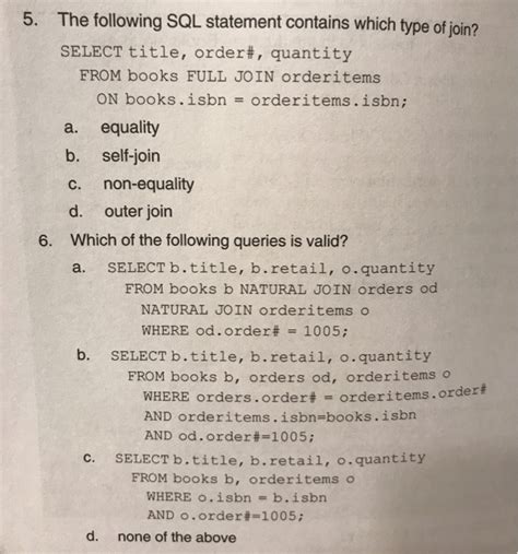Solved 5 The Following Sql Statement Contains Which Type Of