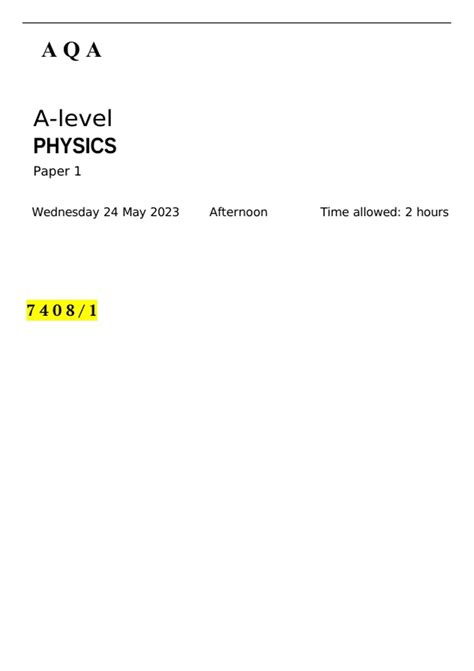 AQA A Level PHYSICS Paper QP And Mark Scheme Stuvia US