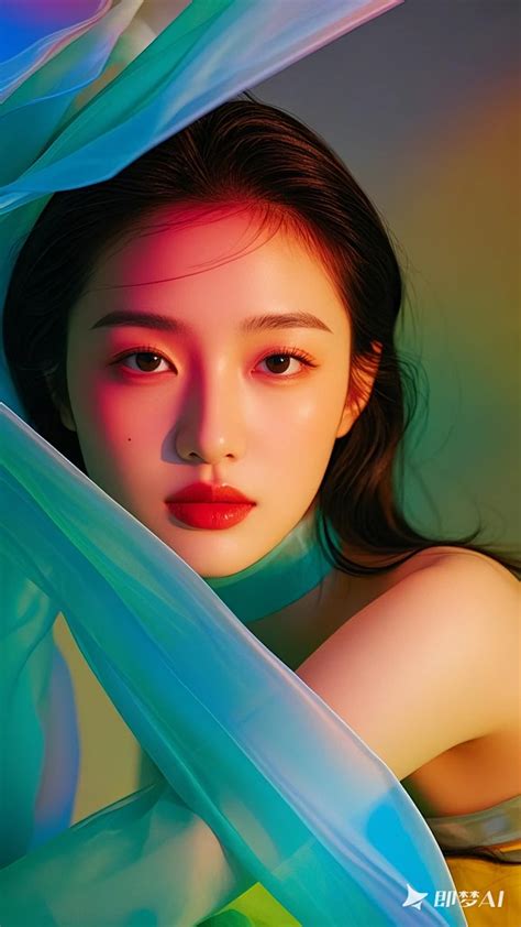 人像写真，145mm，模特看向观众，前景虚化，青色半透明绸缎，亚洲女性，皮肤毛孔细腻，逆光，彩色光，面部特写，对比强烈，色彩饱和，皮肤光泽透亮，纯色背景，彩色，皮肤 1 花瓣网