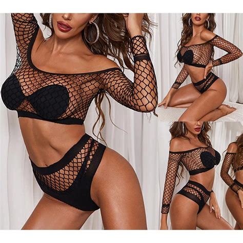 Sexy Fishnet Lingerie Set Long Sleeve Off Shoulder I Wonder Skull