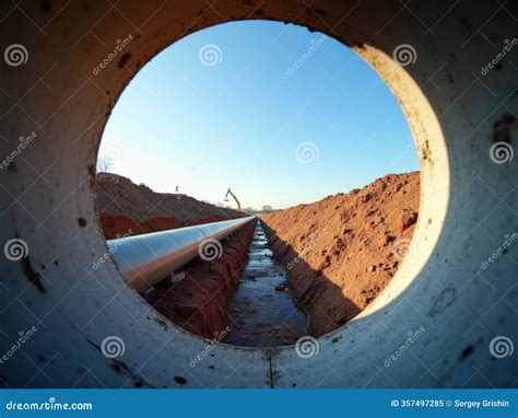 A Large Pipeline Is Under Construction Visible Through A Circular Concrete Culvert The
