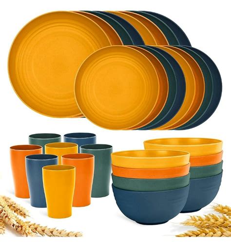 32피스 밀짚 식기 세트 주방 플라스틱 접시 및 그릇 깨지지 않는 디너 8개 컵 세트 가을 멀티컬러 티몬